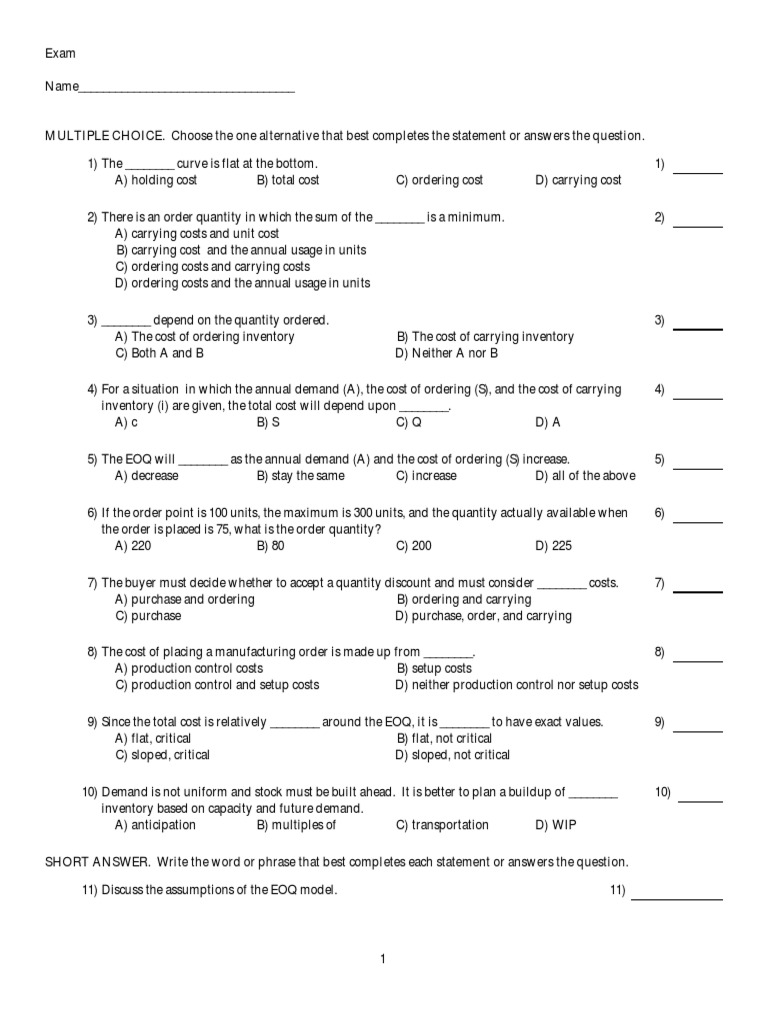 EOQ exam multiple choice and short answer questions | PDF | Inventory ...