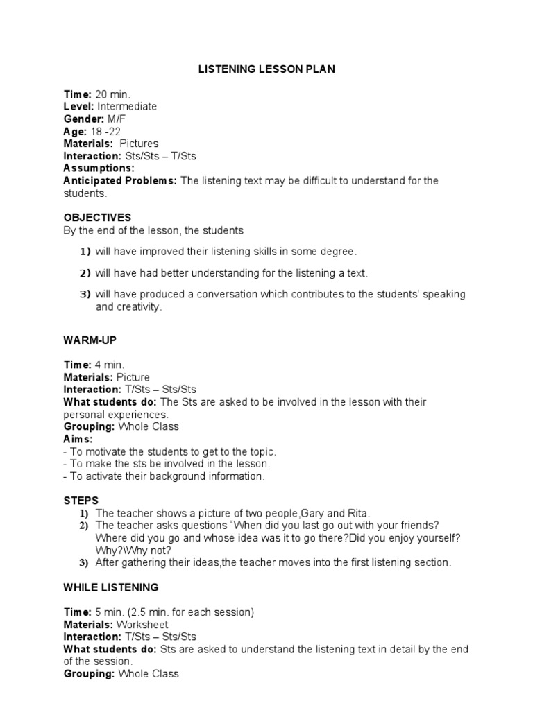 Listening Lesson Plan | PDF | Lesson Plan | Teachers