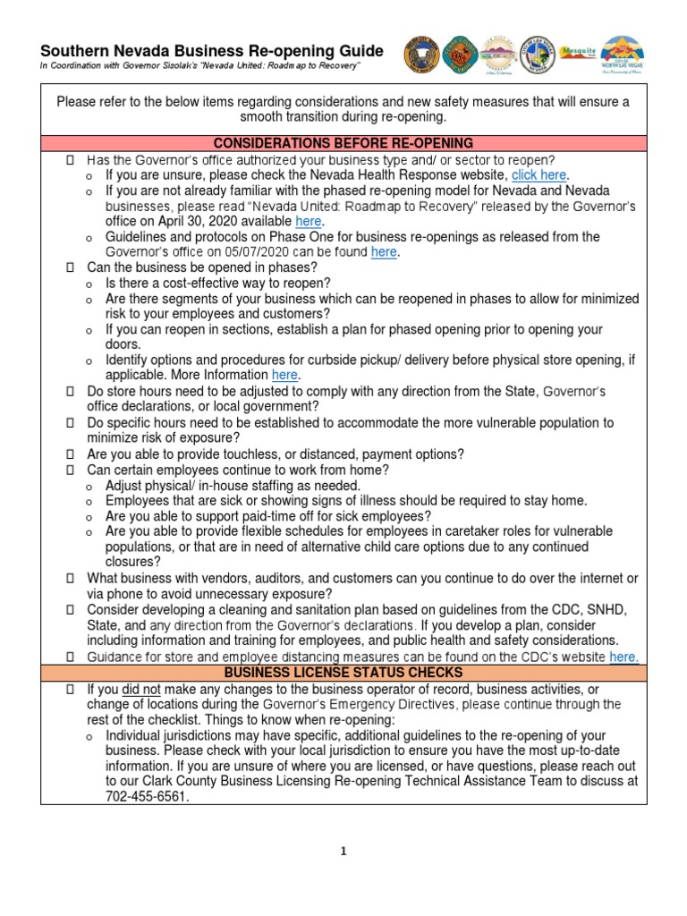 Southern Nevada Business Reopening Guide | PDF | Restaurants ...