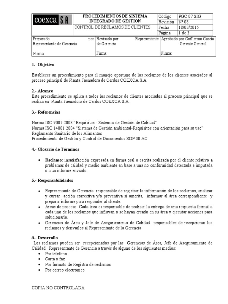 PGC 07 SIG Procedimiento Control de Reclamos | PDF | Sistema de ...
