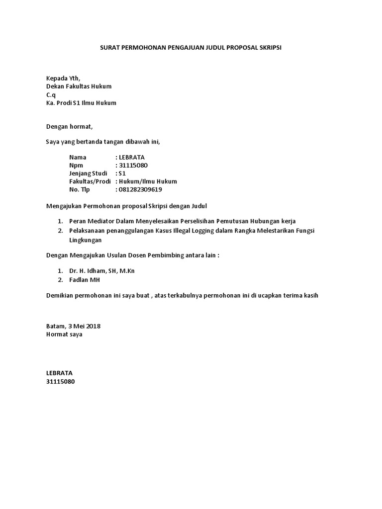 Surat Permohonan Pengajuan Judul Proposal Skripsi | PDF