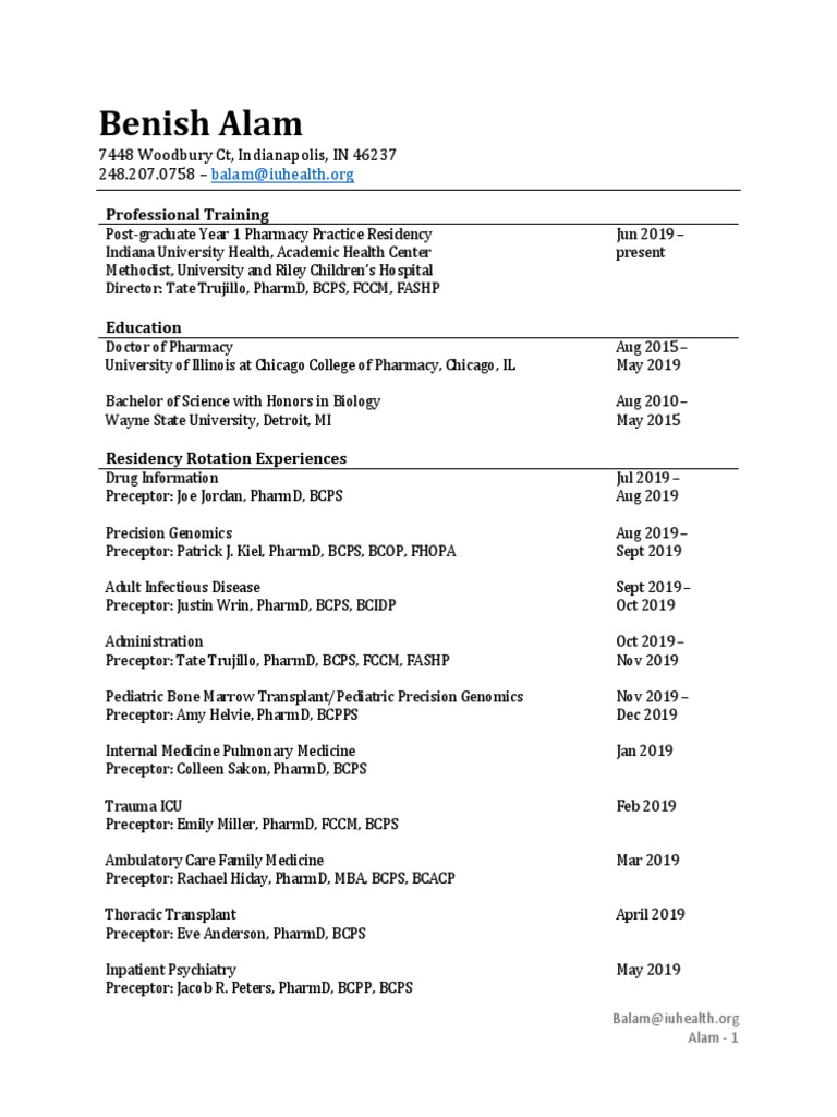 Benish Alam Pgy1 CV 2020 | PDF | Pharmacy | Pharmaceutical Sciences