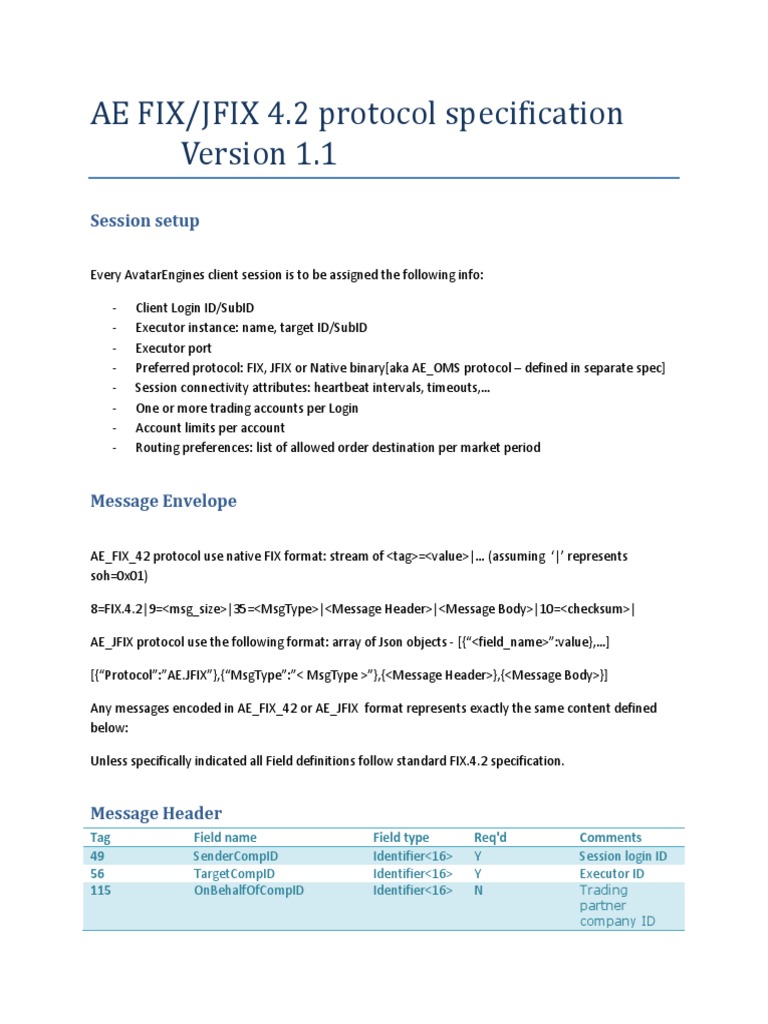 AE FIX/JFIX 4.2 Protocol Specification: Session Setup | PDF | Json ...