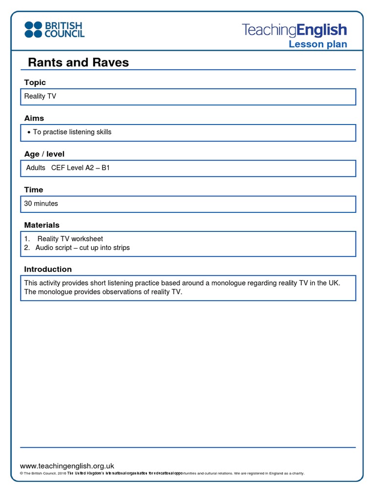 Rants and Raves - Reality TV - Lesson Plan - Final | PDF