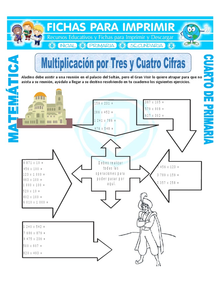Ficha Multiplicación Por Tres y Cuatro Cifras para Cuarto de Primaria | PDF