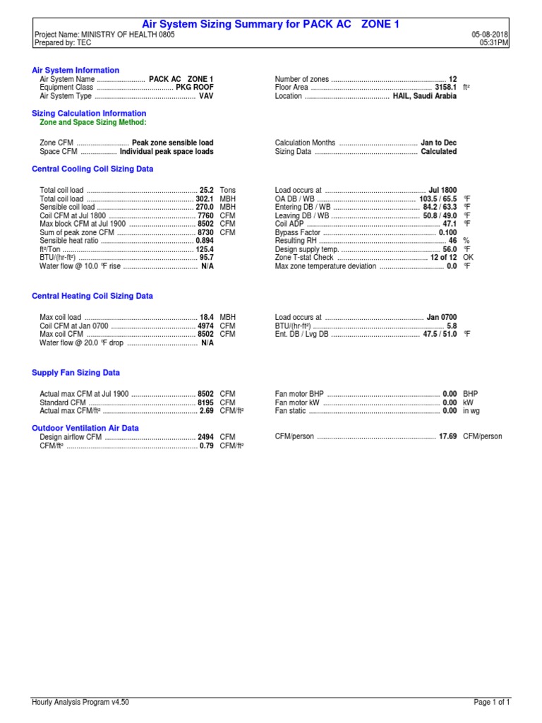 Air System Sizing Summary For PACK AC ZONE 1 | PDF | Engineering ...