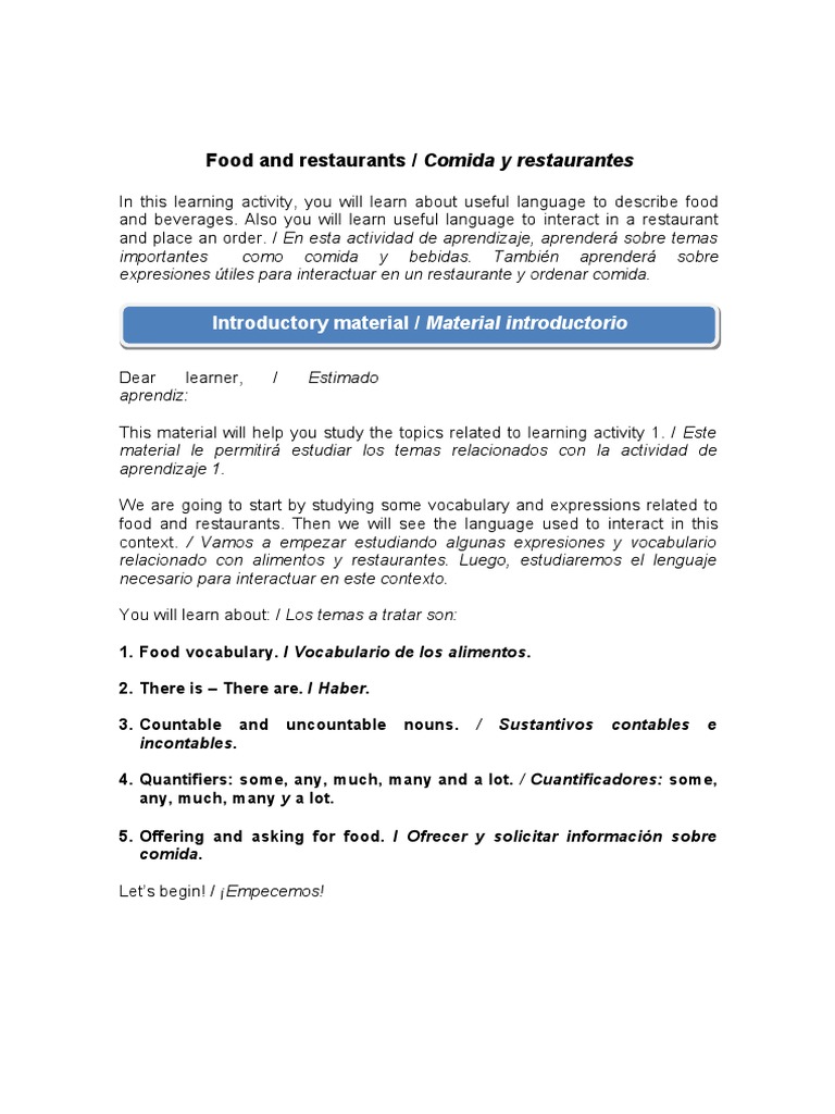 Vocabulario de Comida y Restaurantes | PDF | Lingüística | Gramática