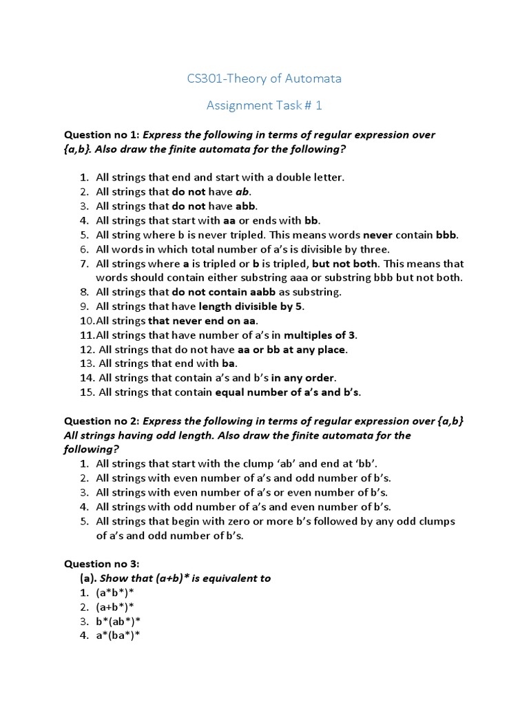 CS301-Theory of Automata Assignment Task # 1: Question No 1: Express The Following in Terms of ...