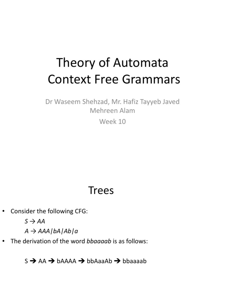 Week 10 (Part A) Context Free Grammar Trees Ambiguous Grammer Plus ...