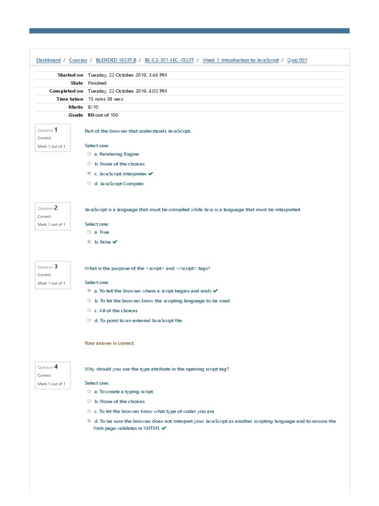 Quiz 001 - Attempt Review2 PDF | Download Free PDF | Java Script | Scripting Language