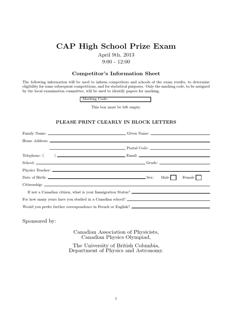 CAP High School Prize Exam: April 9th, 2013 9:00 - 12:00 Competitor's ...