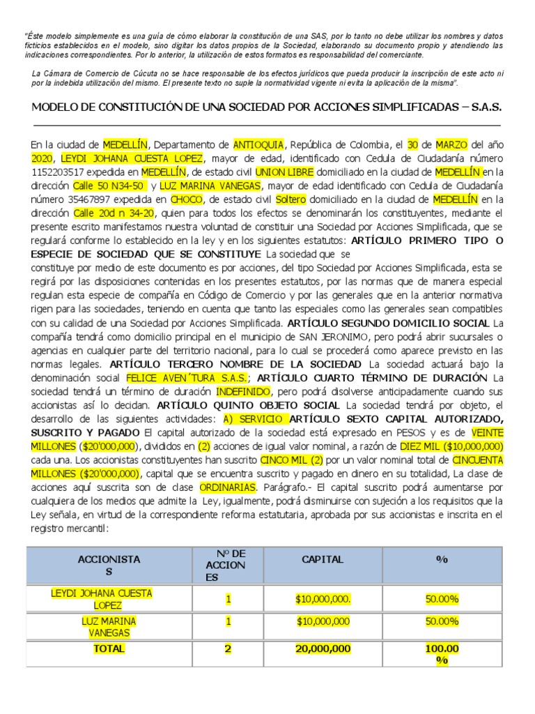 Guía para la constitución de una Sociedad por Acciones Simplificada (SAS) con modelo de ...