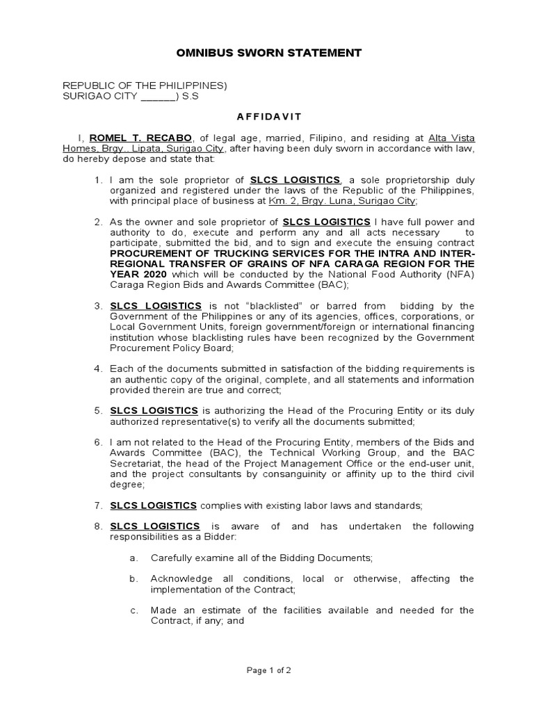 OMNIBUS SWORN STATEMENT Sample | PDF | Sole Proprietorship | Economies