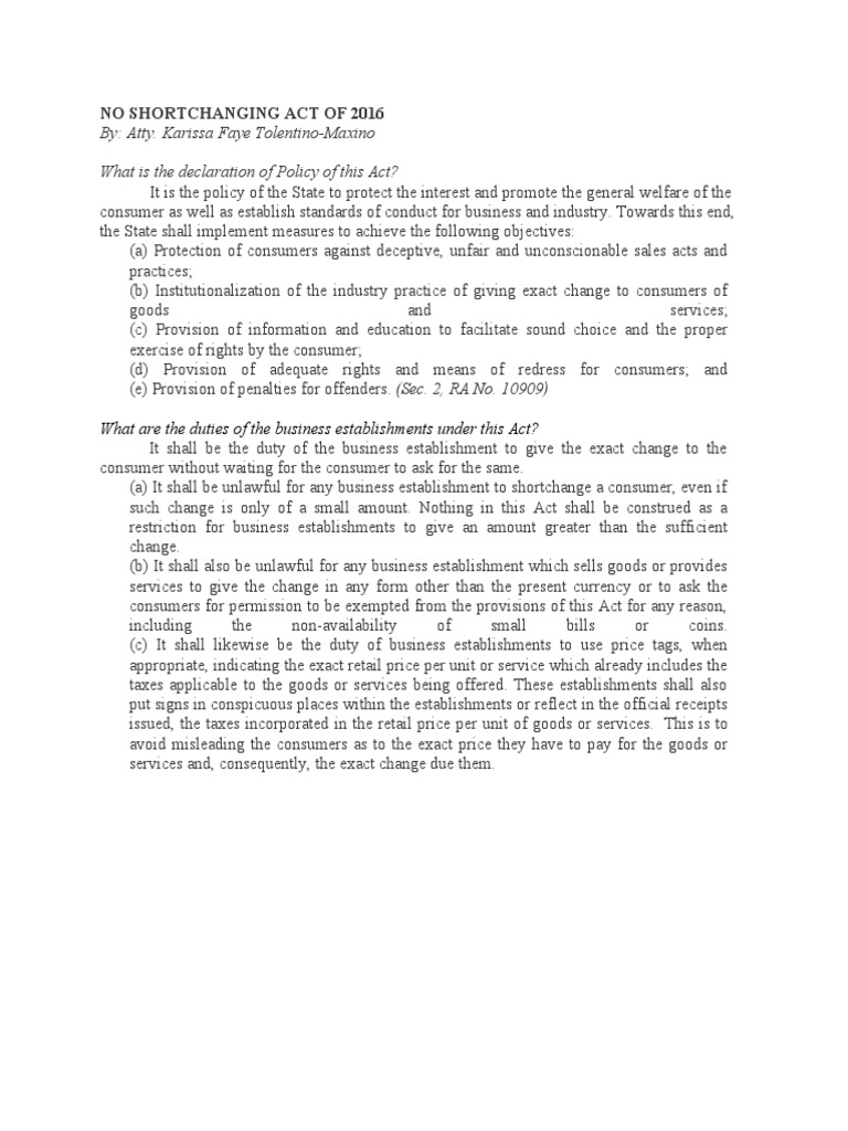 No Shortchanging Act | PDF