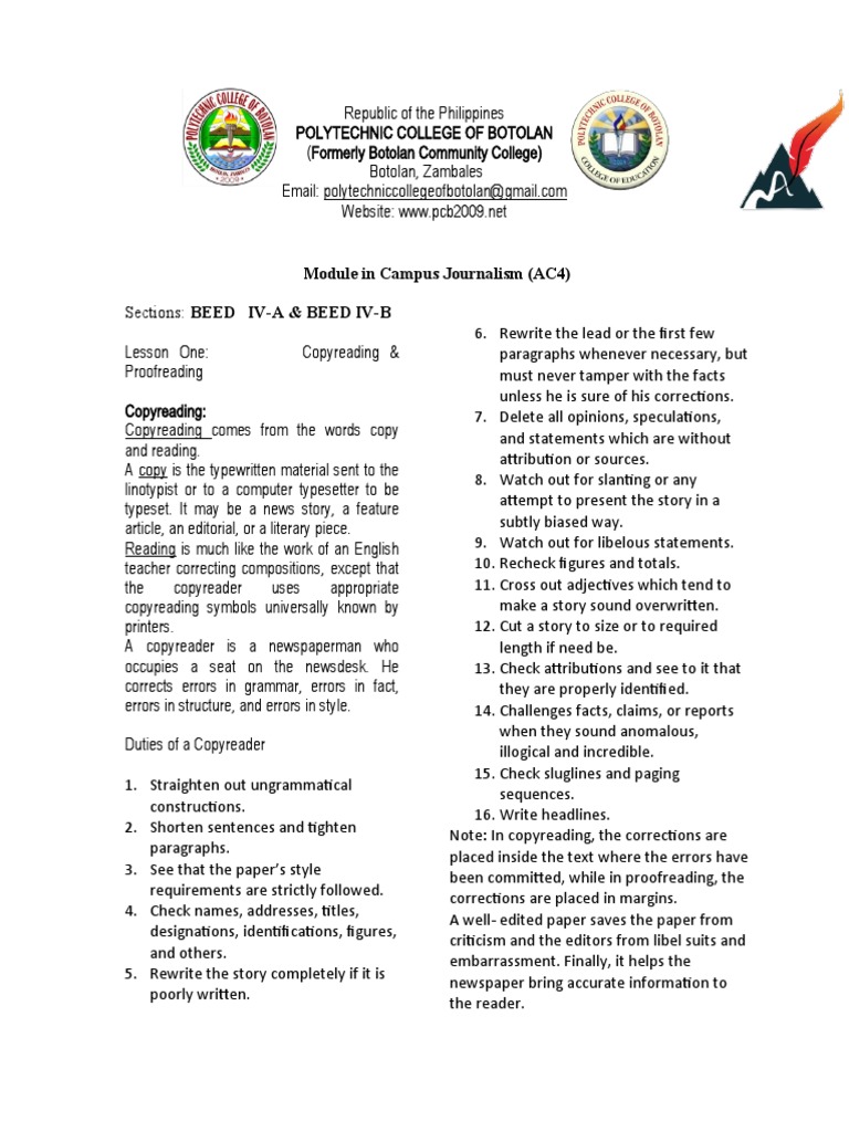Module in Campus Journalism (AC4) | PDF | Proofreading | Typography