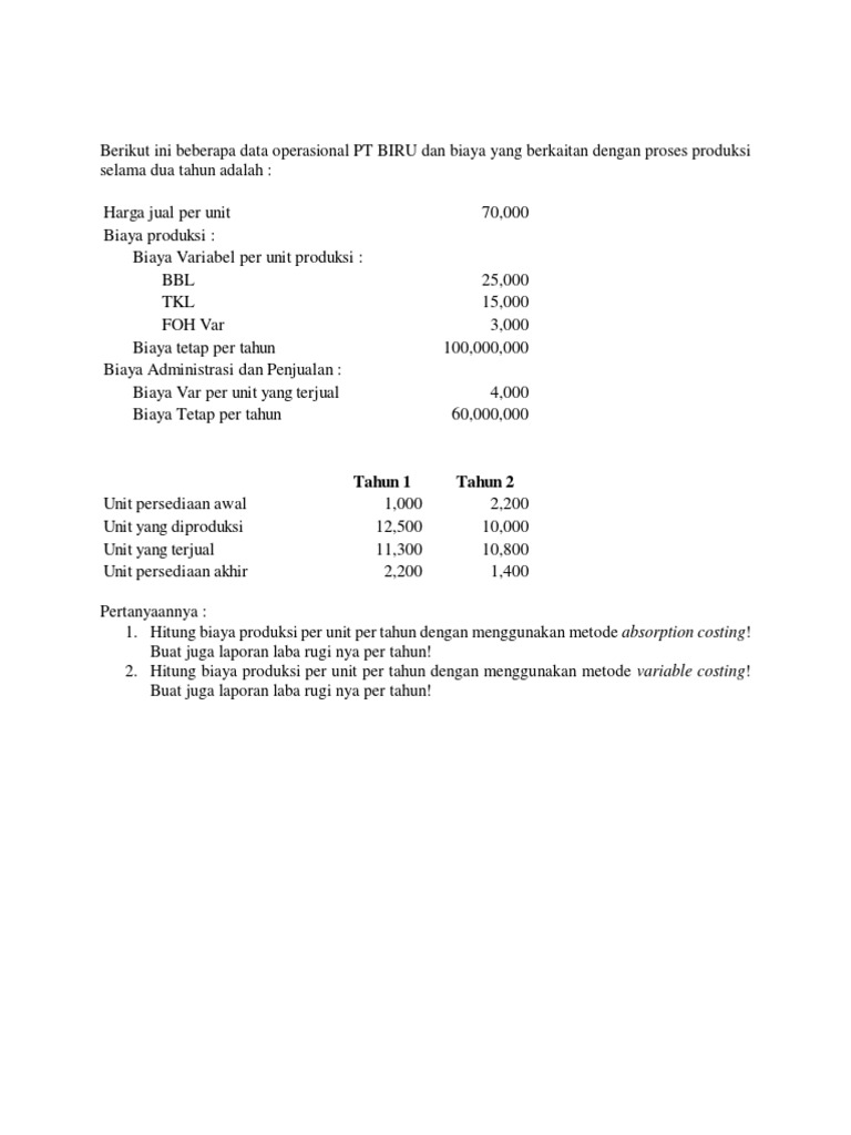 Soal Latihan Variabel Costing PDF | PDF