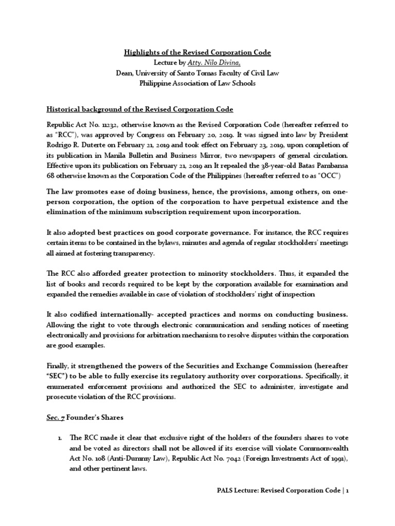 Highlights of The Revised Corporation Code | PDF | Corporations | By Law
