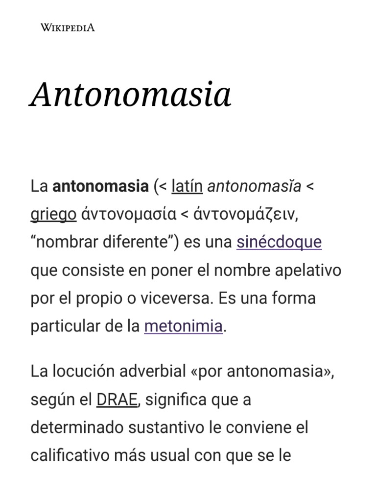 Antonomasia - Wikipedia, La Enciclopedia Libre | PDF | Retórica | Filología