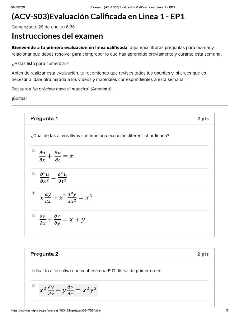 Examen - (ACV-S03) Evaluación Calificada en Linea 1 - EP1 PDF | PDF | Análisis matemático ...