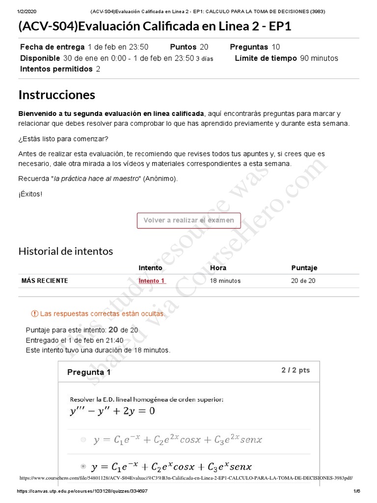 (ACV-S04) Evaluación Calificada en Linea 2 - EP1 - CALCULO PARA LA TOMA DE DECISIONES (3983) PDF ...