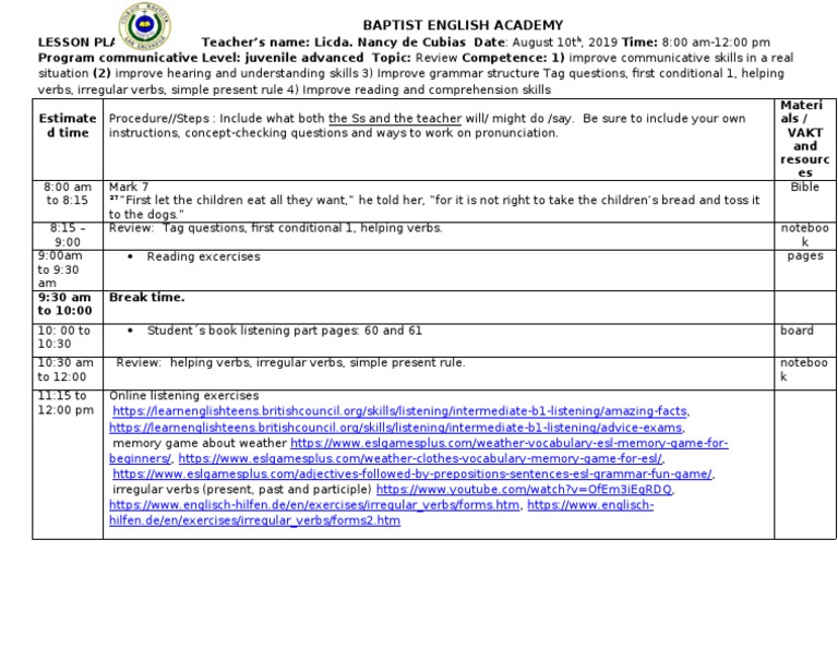 Lesson Plan August 1 | PDF | Cognitive Science | Linguistics