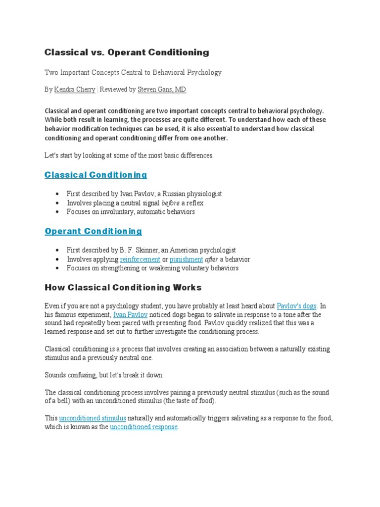Classical Vs Operant Conditioning | PDF | Classical Conditioning | Reinforcement