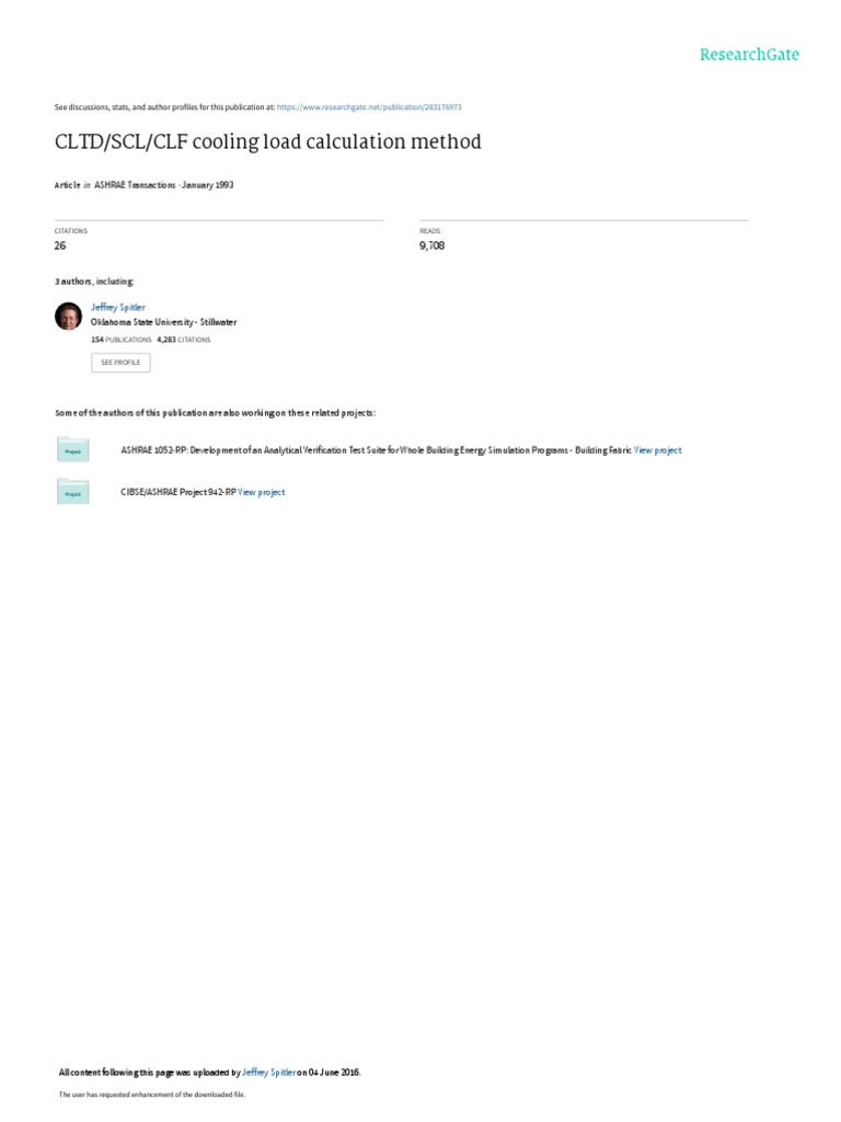 CLTD/SCL/CLF Cooling Load Calculation Method: ASHRAE Transactions ...