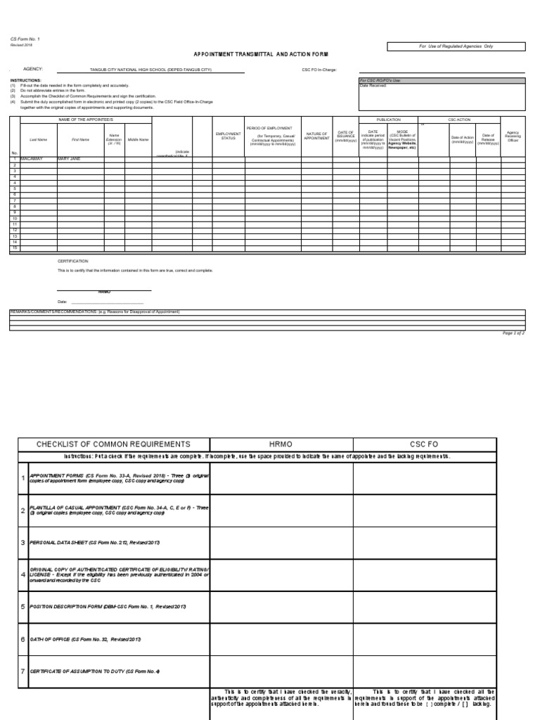 CS Form No. 1 Appointment Transmittal and Action Form | PDF ...