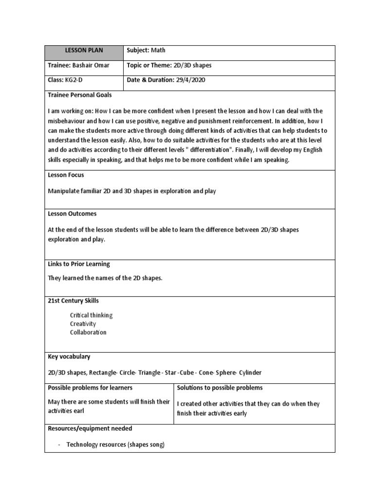 Shapes Lesson Plan | PDF | Lesson Plan | Pedagogy