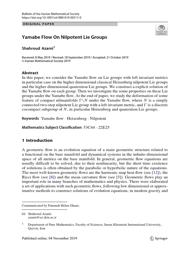 Yamabe Flow On Nilpotent Lie Groups | PDF | Lie Groups | Group (Mathematics)