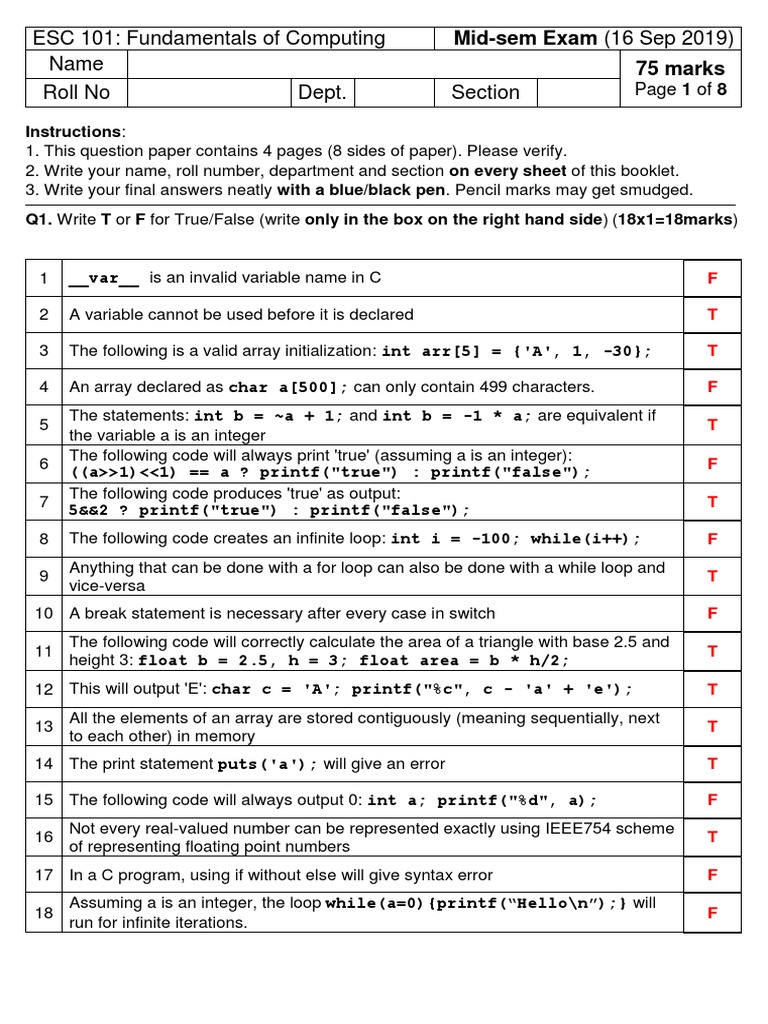 ESC 101: Fundamentals of Computing Name Roll No Dept. Section | PDF | Integer (Computer Science ...