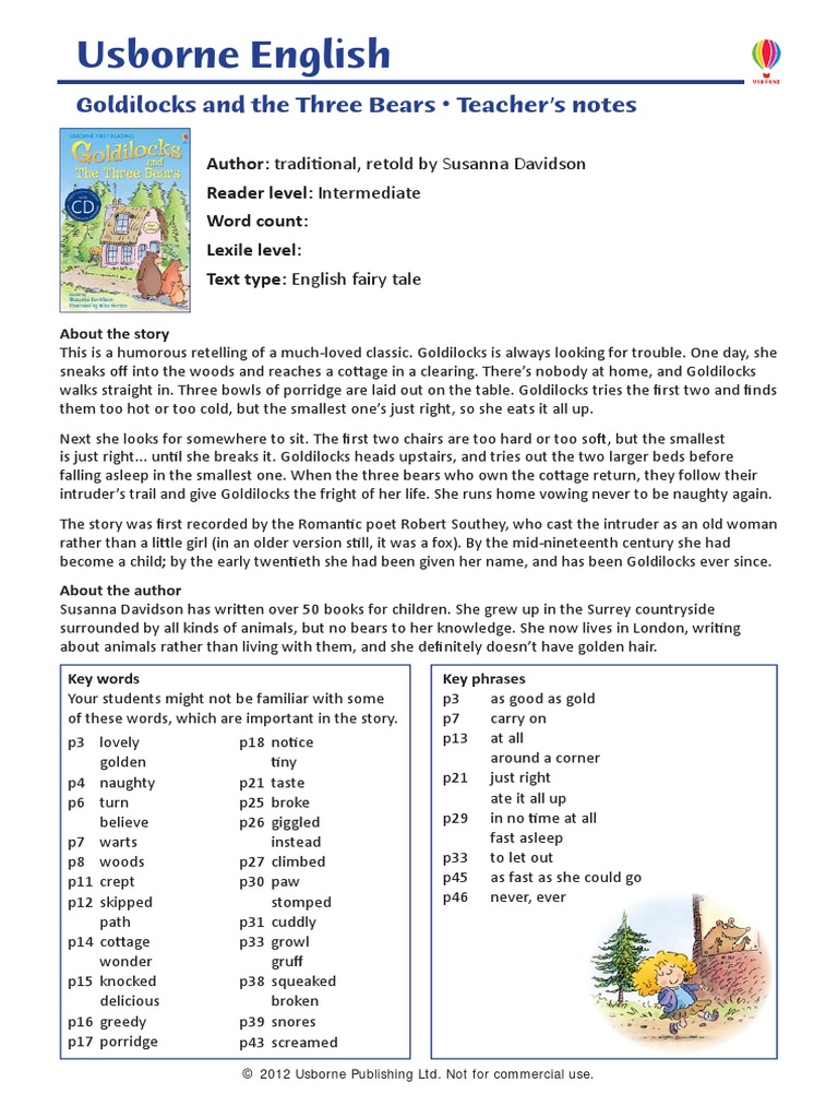 Usborne English: Goldilocks and The Three Bears - Teacher's Notes | PDF ...