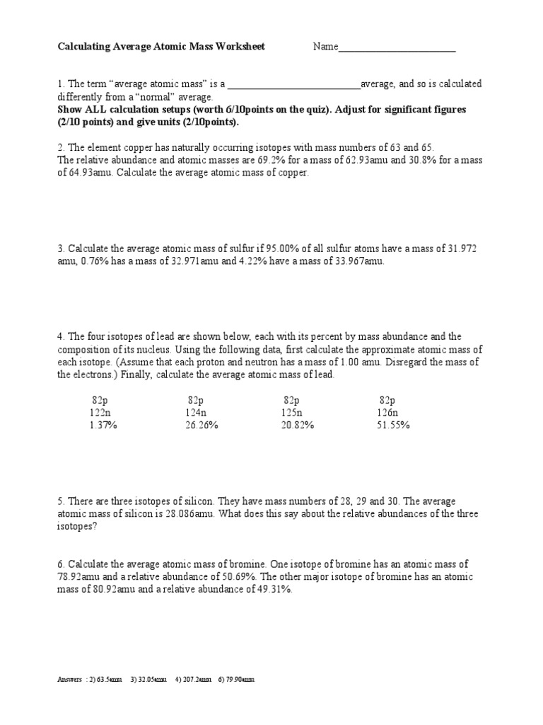 Average Atomic Mass Worksheet | PDF
