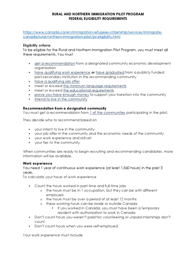 Eligibility Criteria: Canada/rural-Northern-Immigration-Pilot/pr ...