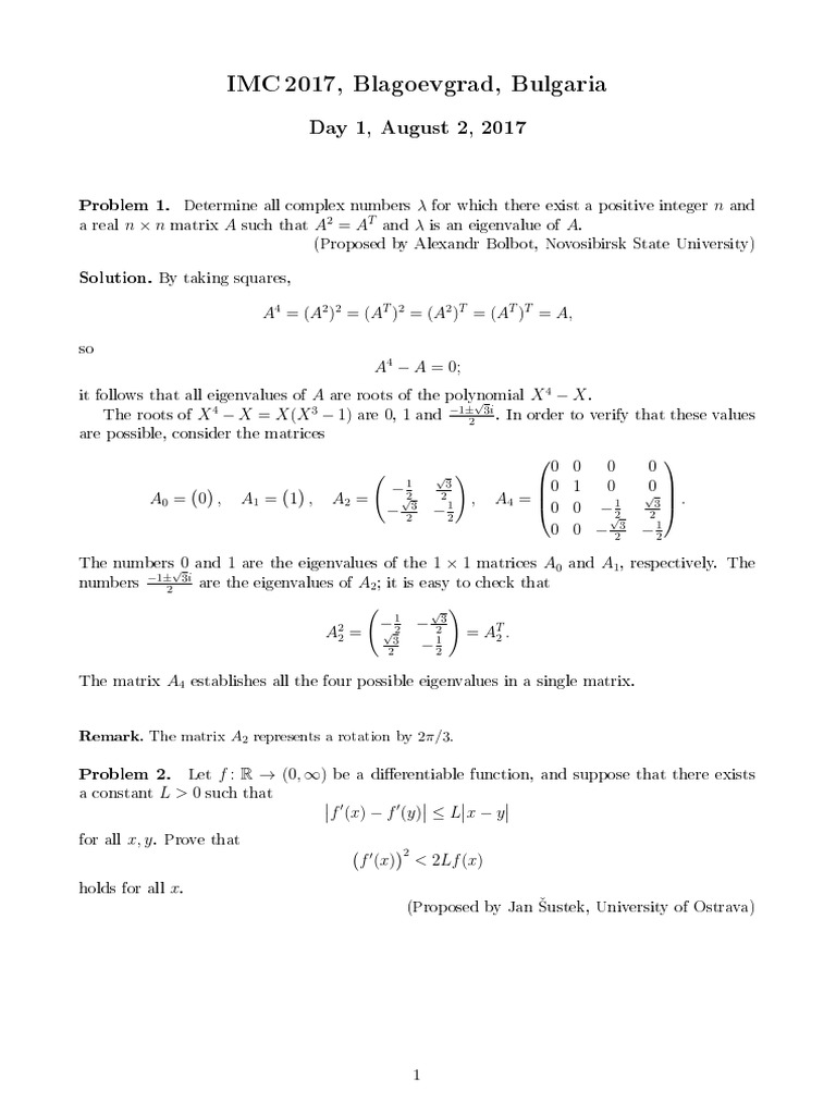 IMC 2017 - Day 1 (Problems and Solutions) | PDF | Eigenvalues And ...