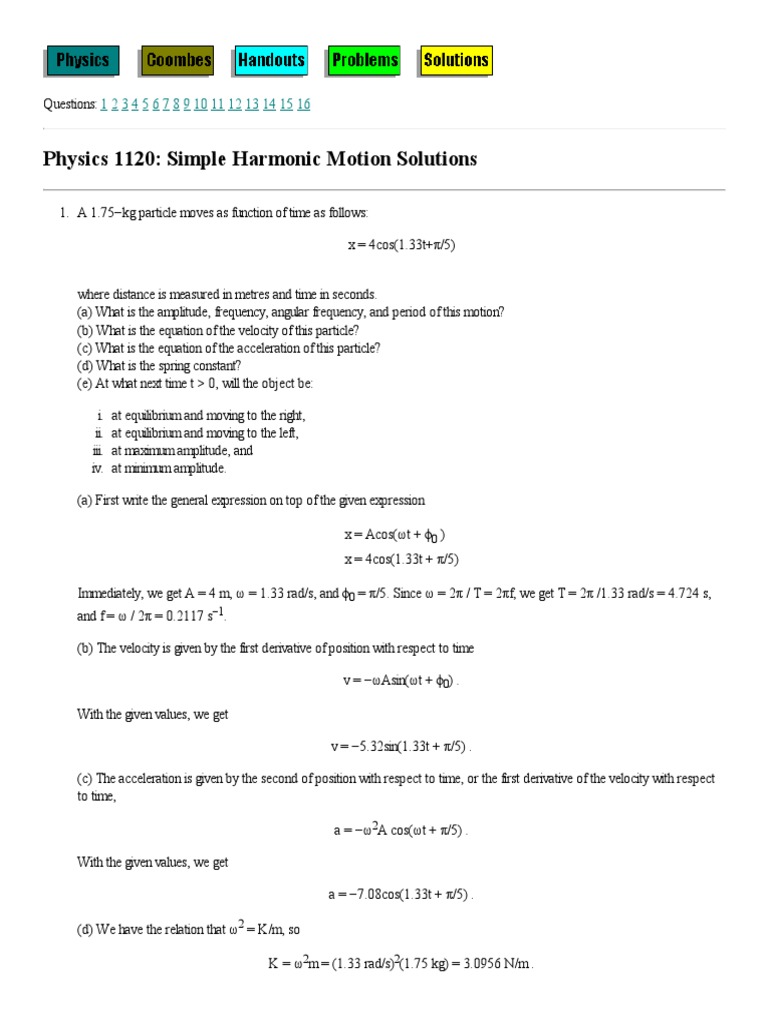 PHYS 1120 Simple Harmonic Motion Solutions PDF | PDF | Trigonometric ...