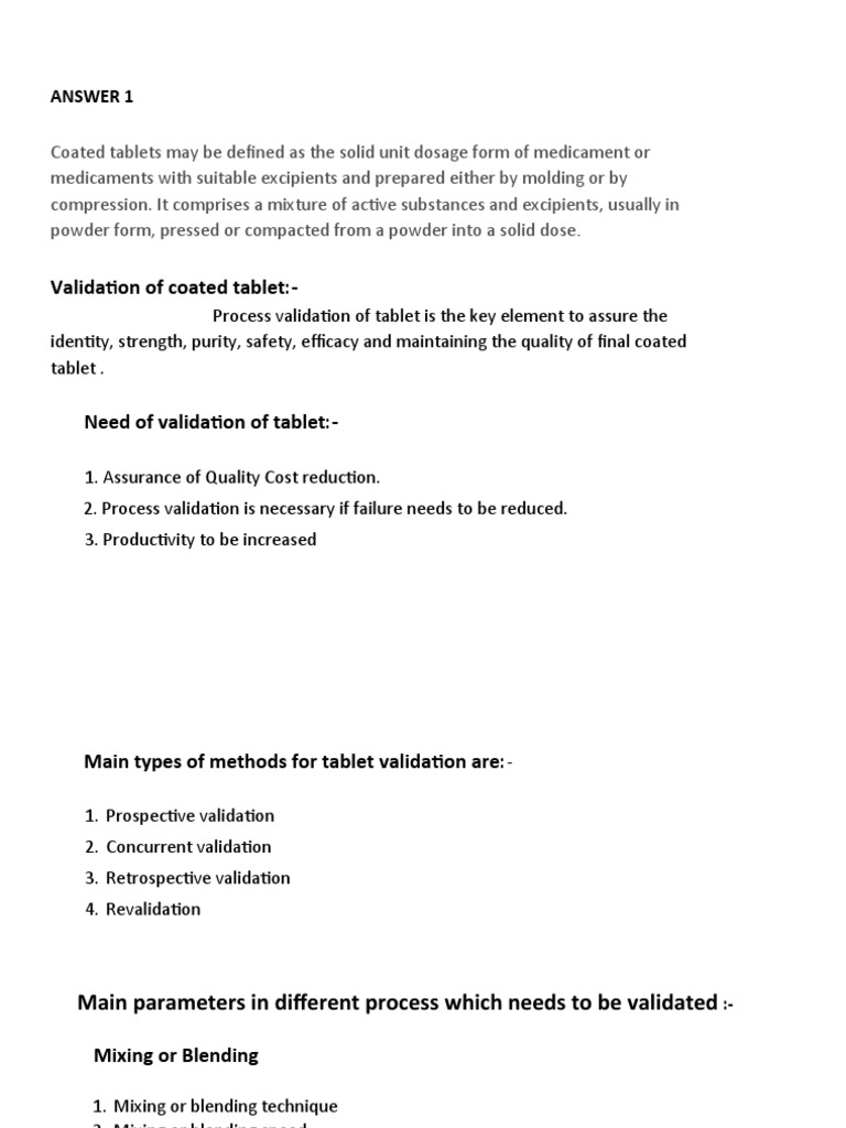 Answer 1 Tablet Coating Validation | PDF | Tablet (Pharmacy) | Chemistry
