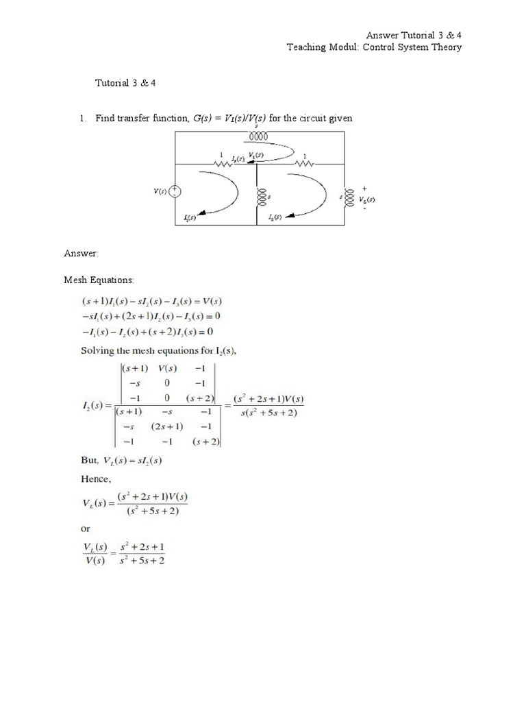 Answer Tutorial 3 & 4 Teaching Modul: Control System Theory: (S) /V(S ...