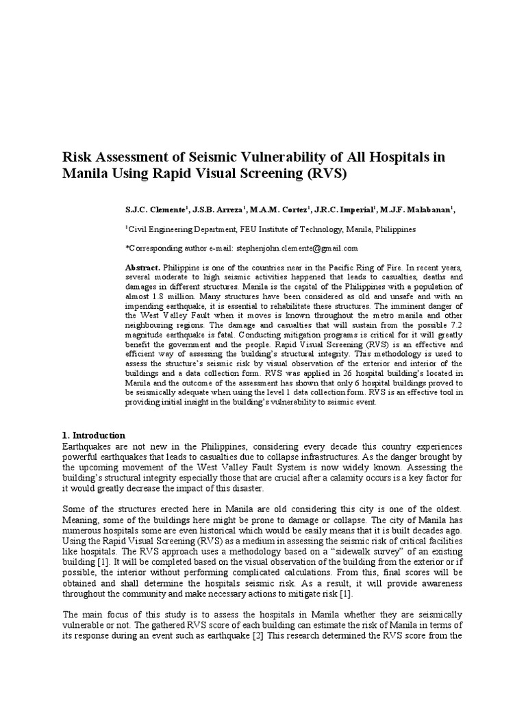 Risk Assessment of Seismic Vulnerability of All Hospitals in Manila ...