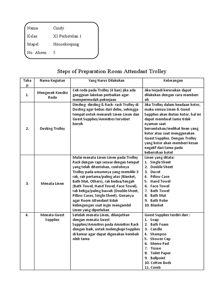 Steps of Preparation Room Attendant Trolley | PDF