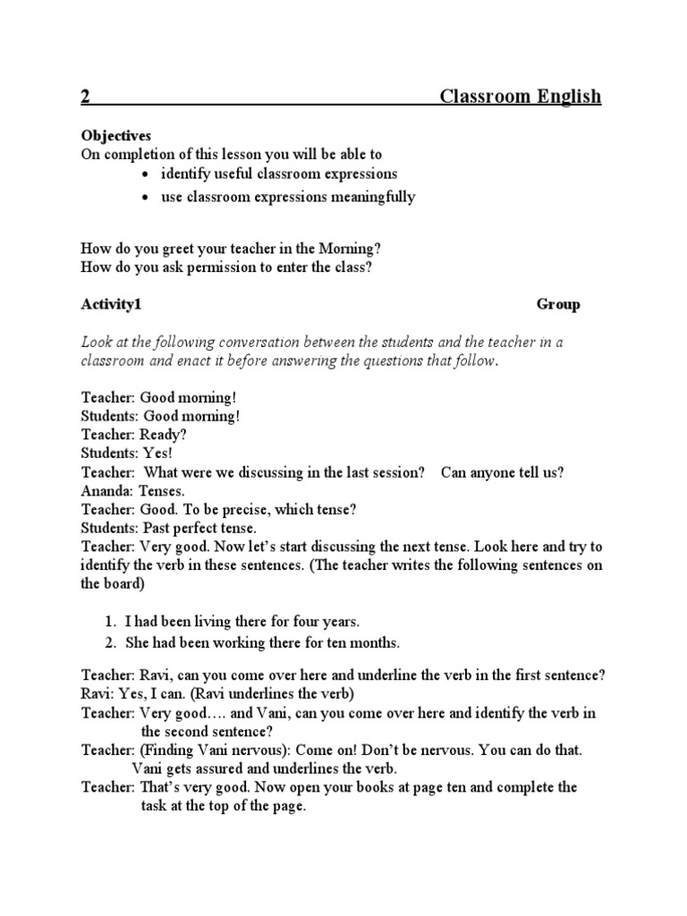 2 Classroom English: Objectives | PDF | Verb