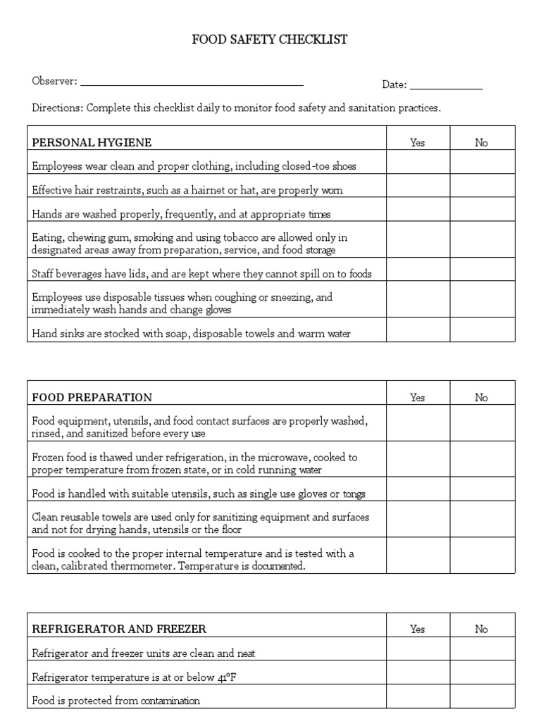 Food Safety Checklist: Personal Hygiene | PDF | Kitchen Utensil ...
