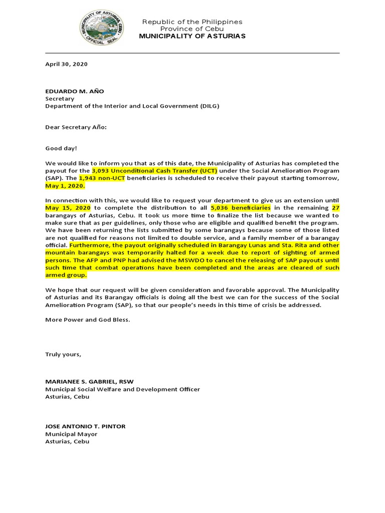 Letter Requesting DILG For SAP Payout Extension | PDF | Welfare | Policy