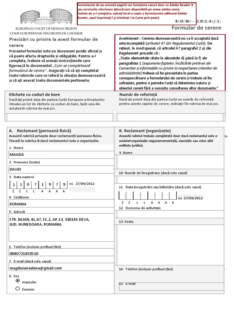 Formular de Cerere CEDO | PDF