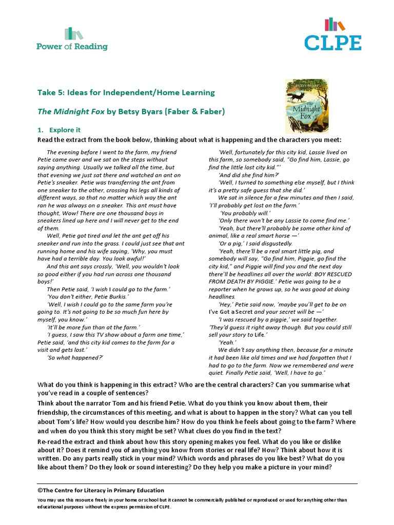 Take 5 Year5 6 The Midnight Fox by Betsy Byars | PDF | General Fiction