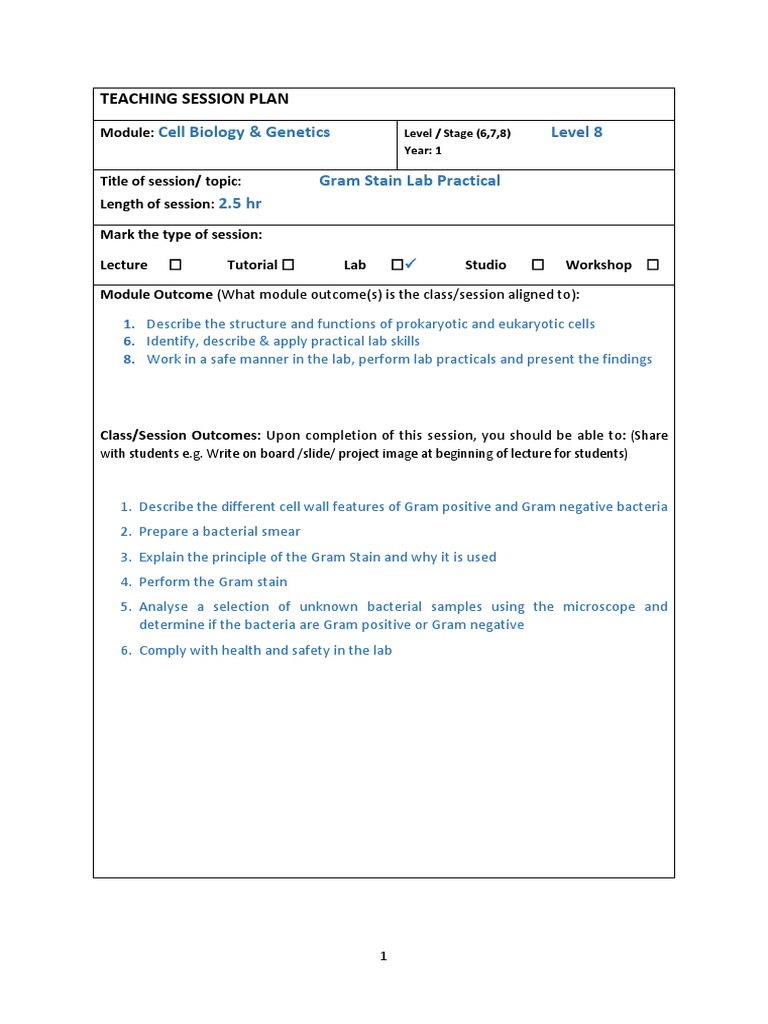 Gram Stain Lab Practical Session Plan | PDF | Staining | Microscope