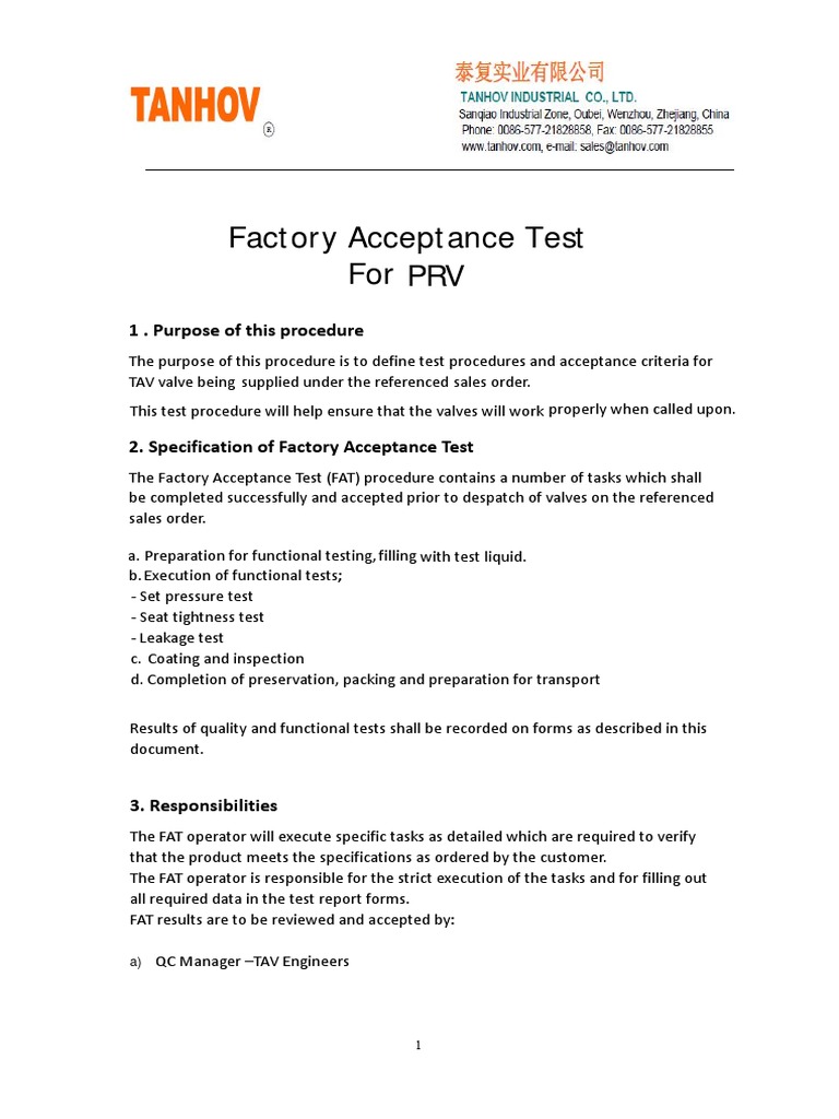 Factory Acceptance Test For PRV | PDF | Pressure | Valve