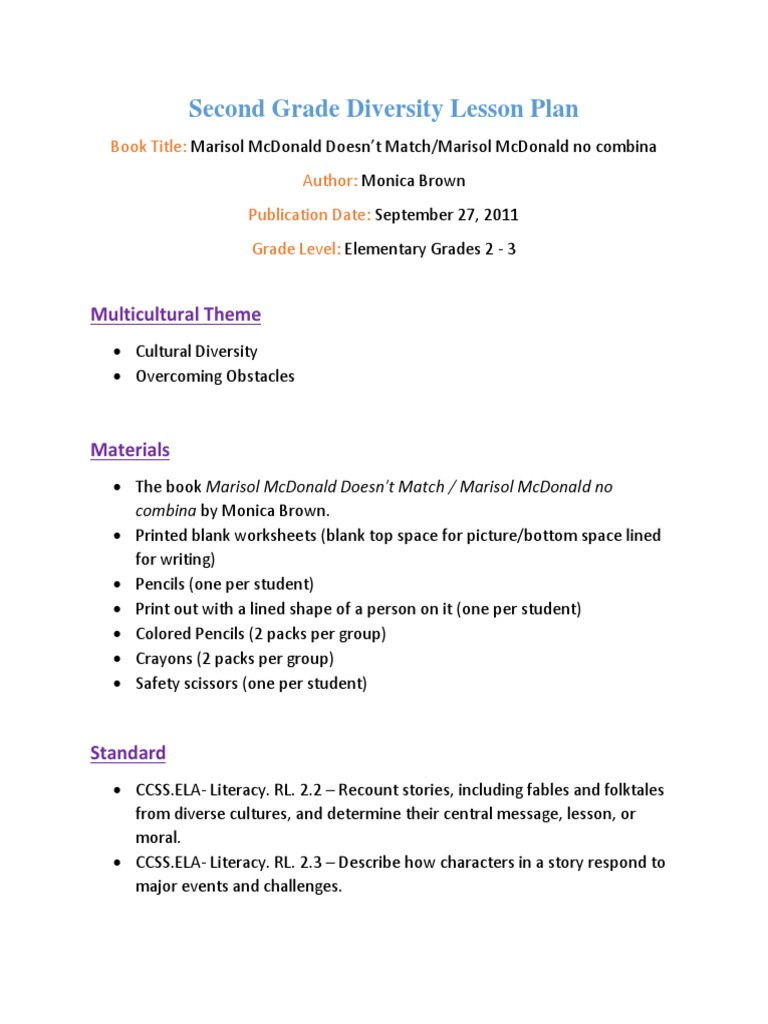Second Grade Diversity Lesson Plan: Multicultural Theme | PDF ...