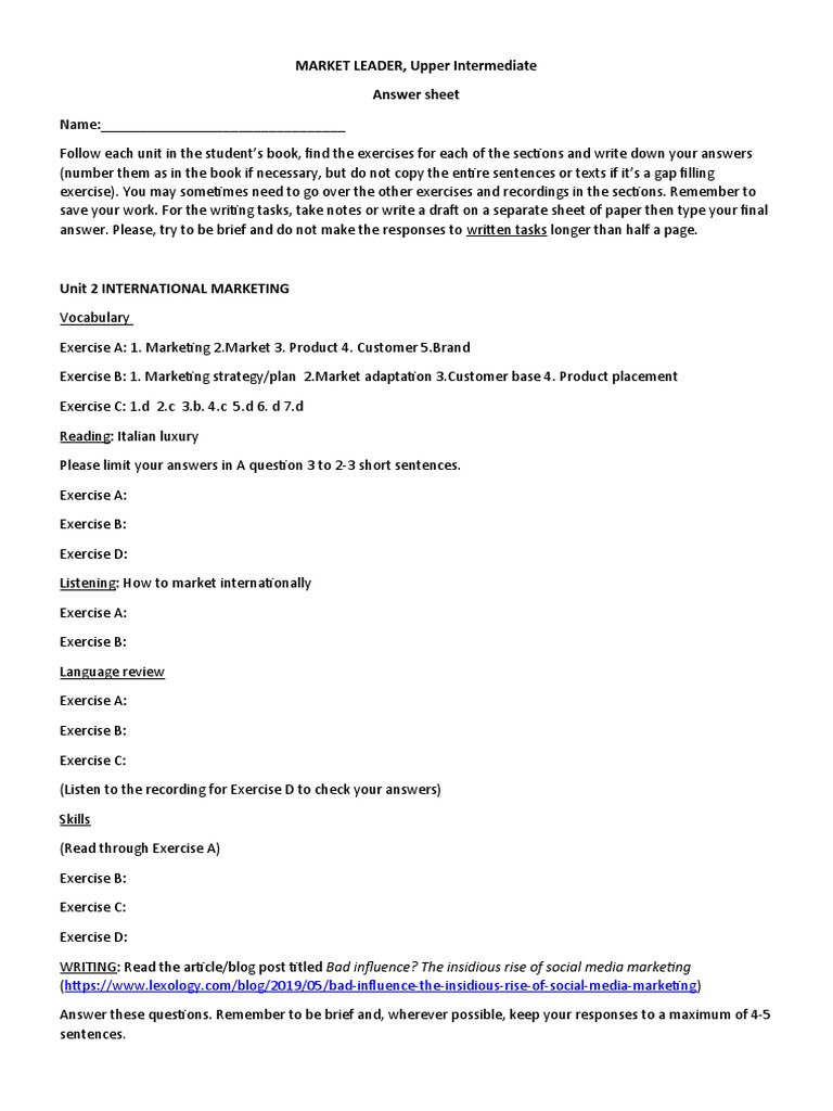 Market Leader Upper Intermediate - Exercises - Unit2 | PDF