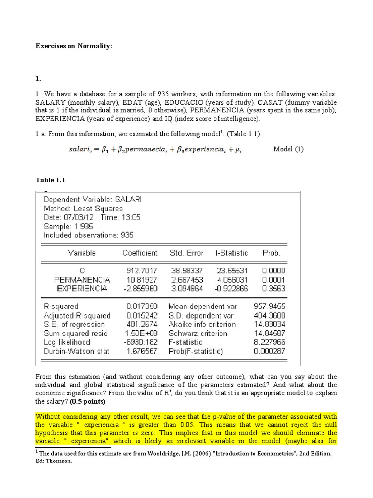 Exercises in Class Normality - SOLUTIONS | PDF | Ordinary Least Squares | Errors And Residuals